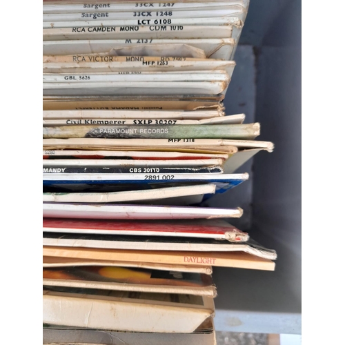 Box of vinyl records, classical and musicals, stereo press noticed