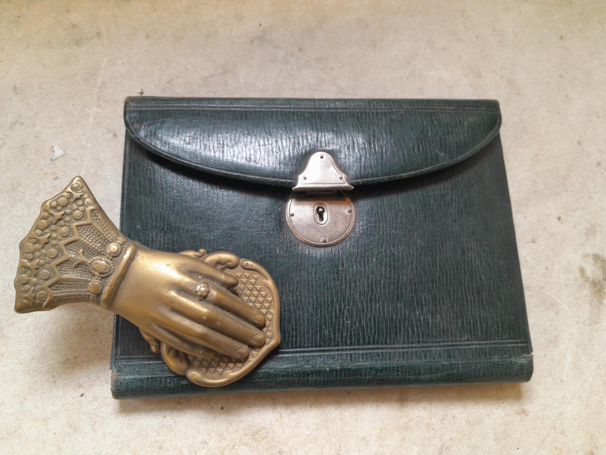 Vintage leather writing attache case and bass letter clip modelled as a ...
