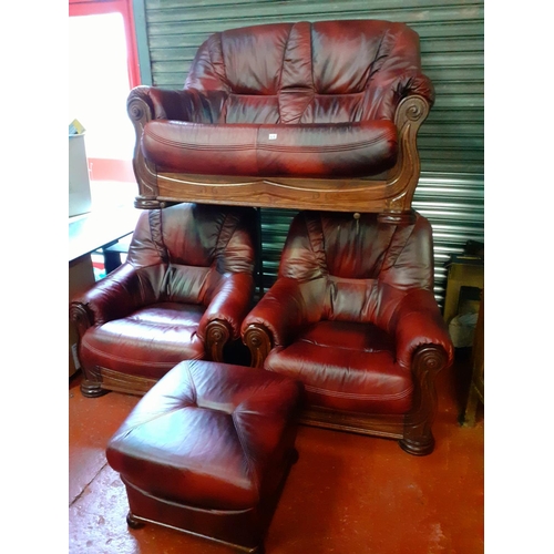 Oak Framed Ox Blood Red Leather Two Seater Settee with Two Matching ...