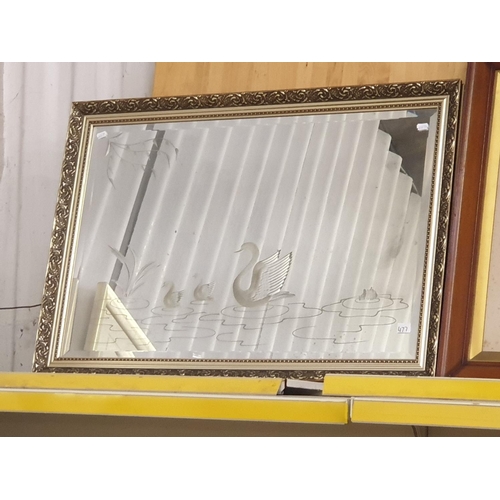 Large Gilt Framed Rectangular Mirror with Swan Etching - approx 27.5" x ...