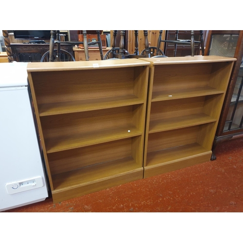 Pair of Oak Effect Three Shelf Bookcases - approx 3ft tall x 27" wide x ...