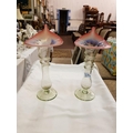 Pair of 9" Tall Vaseline Glass Lily Lip Vases.