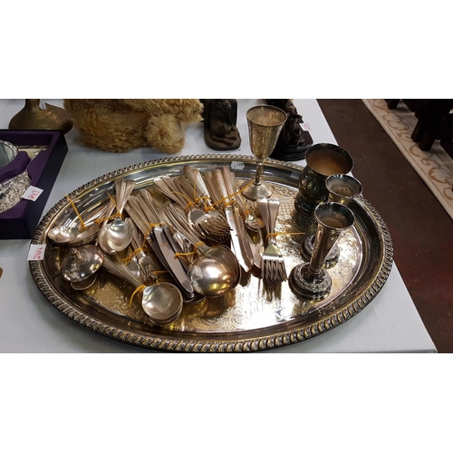 Large Silver Plated Tray with Quantity of Cutlery & Plated Ware.