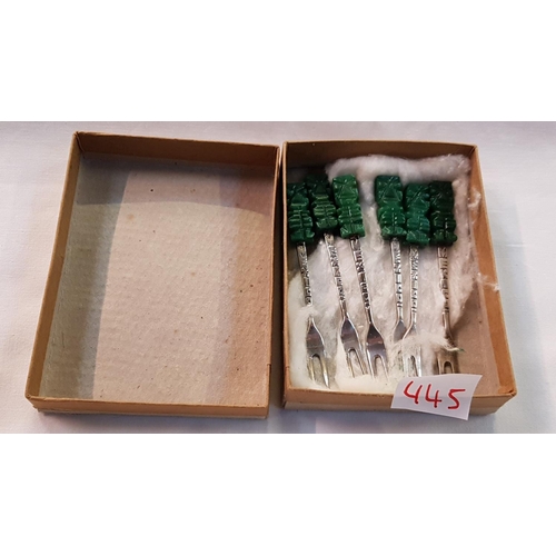 Set of Six Aztec Mayan Caved Jade Mexican Sterling Silver Mini Forks ...