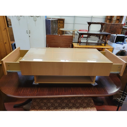 Pine Effect Modern Coffee Table with Drawer Either End & Glass Overlay ...