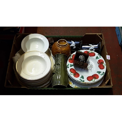 Box of Assorted China Including Bassware Pottery Pot, Vase, Plates ...