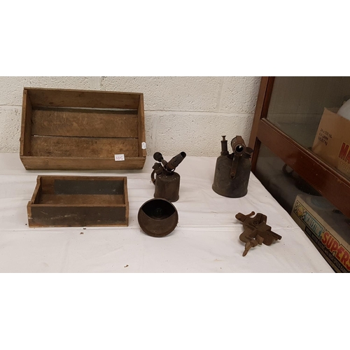 Wooden Crate to Include Two Vintage Torches, Bench Vice & Funnel.