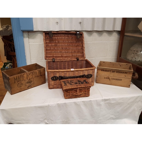 Large Wicker Hamper, Small Wicker Hamper & Vintage Wooden Storage Boxes.