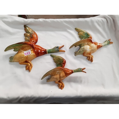 Set of Three Hand Painted, Graduated Plaster Flying Wall Hanging Ducks.