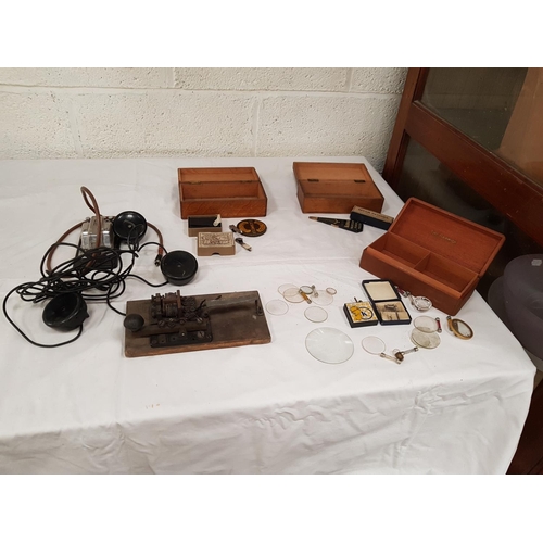 Morse Code Set & Three Wooden Boxes with Contents.
