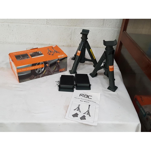 Boxed RAC Axle Stand & Wheel Chock Set.