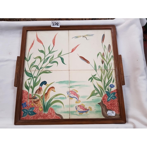 Hand Panted Four Tile Duck Pond Scene Tray.