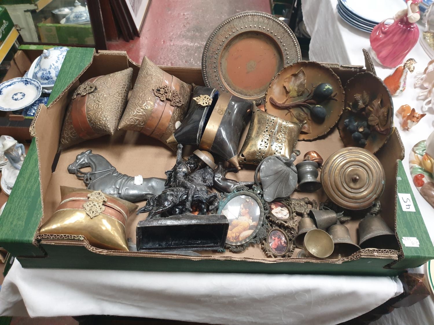 Box of Brass & Copperware Including Purses, Photo Frames, Bells, Figures etc.