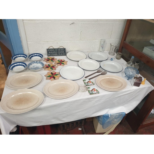 Box to Include Five Blue Rimmed Enamel Plates, Boxed Welsh Lady Candle ...