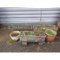 Three Concrete Garden Troughs on Bricks and Two Glazed Planters.