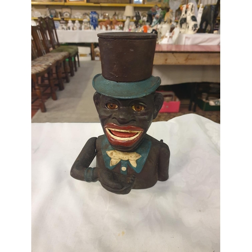 Vintage Cast 'Jolly' Character with Top Hat Money Box - working.