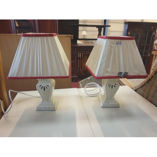 Pair of Ceramic Cream Based Table Lamps with Matching Shades.
