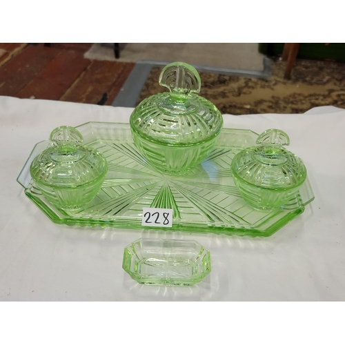 Art Deco Green Glass Dressing Table Set.