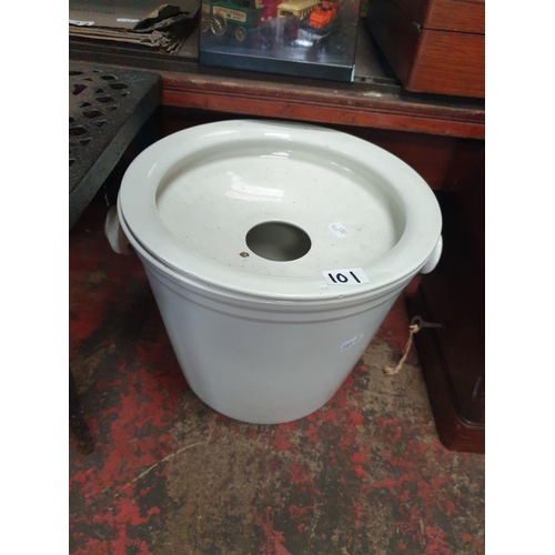 Wicker Handled White Slop Bucket with Lid.