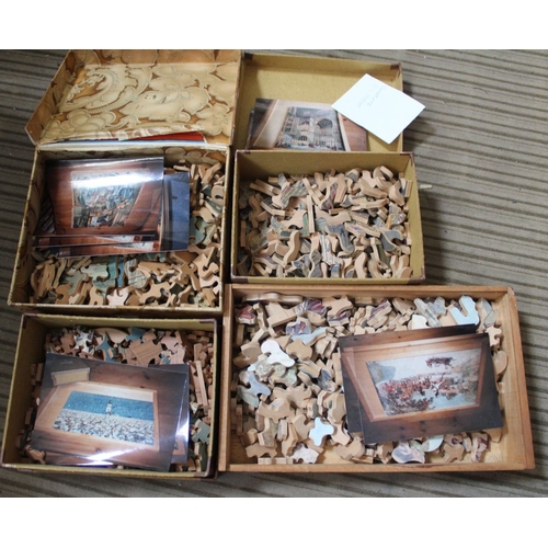 Four vintage wooden jigsaws in boxes with associated photographs