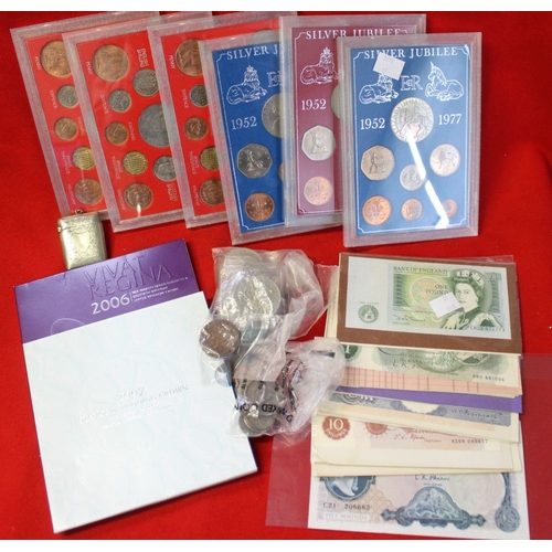 A collection of GB coins, bank notes and collectors Crowns, coin sets ...