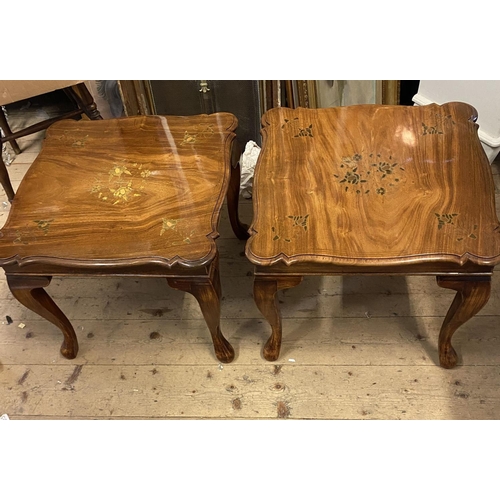 Pair Indonesian hardwood & brass inlaid side tables