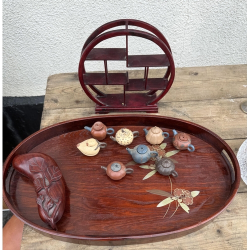 Wooden tray & miniature teapot display