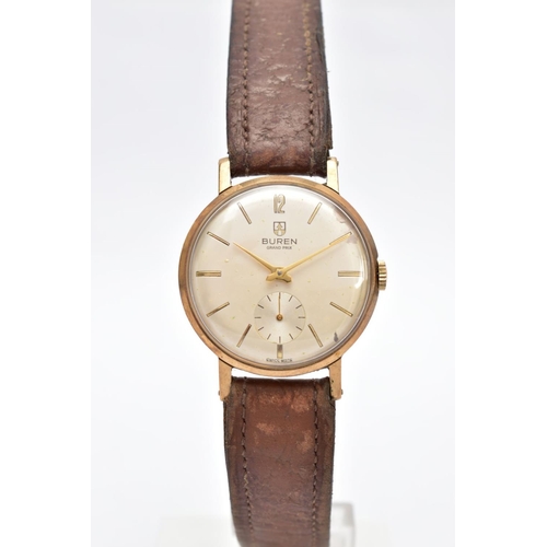 A CASED 9CT GOLD 'BUREN' WRISTWATCH, hand wound movement, round ...