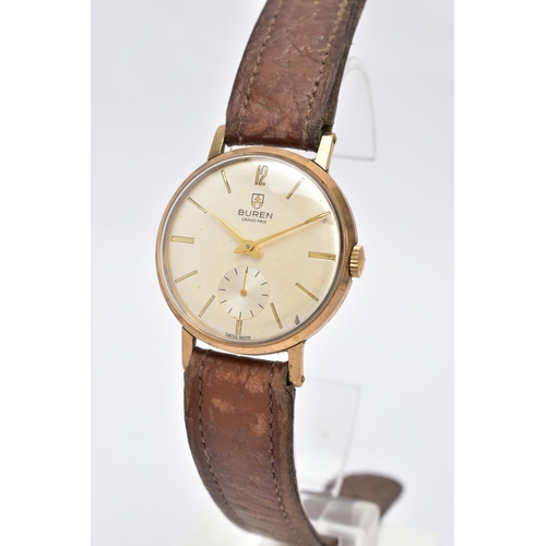 A CASED 9CT GOLD 'BUREN' WRISTWATCH, hand wound movement, round ...