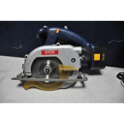A RYOBI CW-1440 cordless circular saw, a Ryobi CDI-1440 cordless drill ...