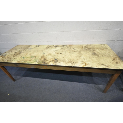 A MID CENTURY BEECH HABERDASHERY TABLE, length 244cm x depth 84cm x ...