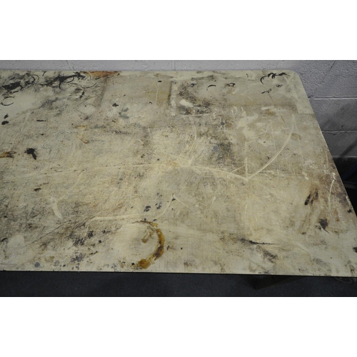 A MID CENTURY BEECH HABERDASHERY TABLE, length 244cm x depth 84cm x ...