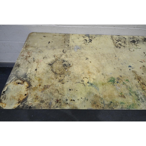 A MID CENTURY BEECH HABERDASHERY TABLE, length 244cm x depth 84cm x ...