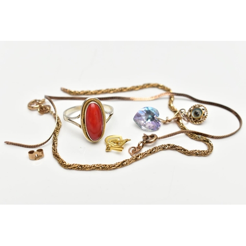 TWO BROKEN BRACELETS A RING AND EARRING, to include a flat herring bone ...