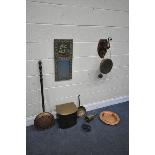 A SELECTION OF BRASS AND COPPERWARE, to include a wall gong with beater ...