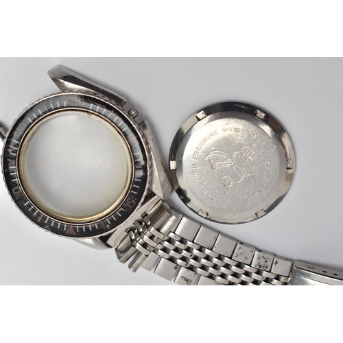 AN 'OMEGA' STAINLESS STEEL WATCH CASE WITH BRACELET, rotating black ...