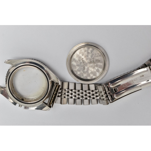 AN 'OMEGA' STAINLESS STEEL WATCH CASE WITH BRACELET, rotating black ...