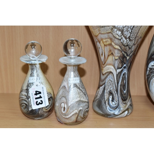 FIVE PIECES OF GOZO GLASS, comprising three vases, tallest 24.5cm, and ...