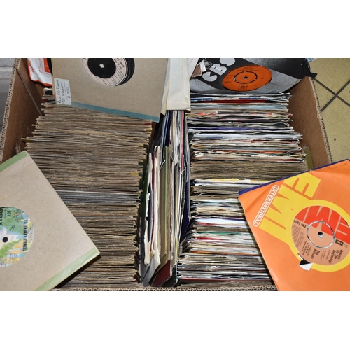 A BOX OF VINYL SINGLES, over three hundred records, artists to include ...