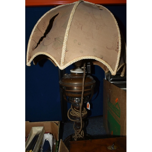 THREE BOXES AND LOOSE LAMP, METAL WARES AND TREEN, to include a table ...