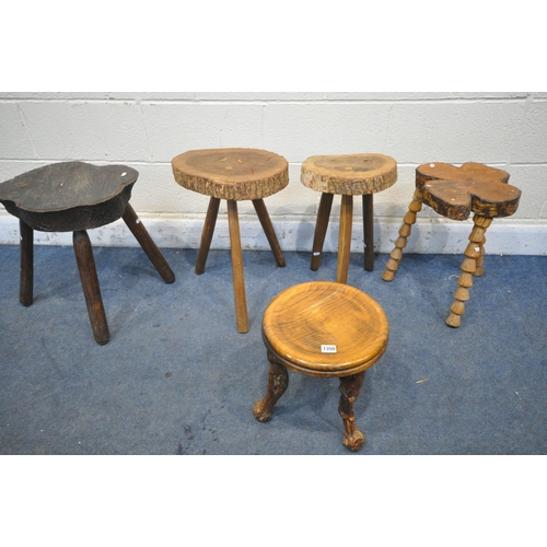 FIVE VARIOUS LIVE EDGE TOP TRIPLE LEGGED STOOLS (condition report: -one ...