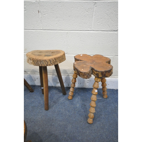 FIVE VARIOUS LIVE EDGE TOP TRIPLE LEGGED STOOLS (condition report: -one ...