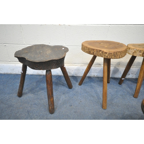 FIVE VARIOUS LIVE EDGE TOP TRIPLE LEGGED STOOLS (condition report: -one ...