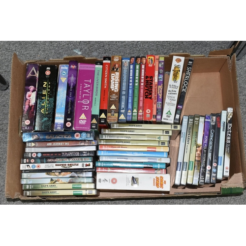 FIVE BOXES OF BOOKS, CDS AND DVDS, approximately ninety books to ...
