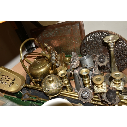 ONE BOX OF METALWARE, to include a large, heavy hand decorated copper ...