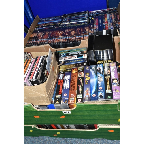 FIVE BOXES OF DVDS, CDS AND VHS TAPES, containing over 200 DVDs, over ...