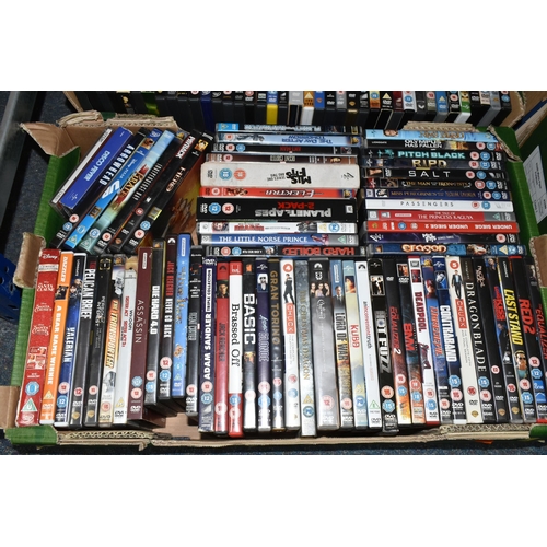 FIVE BOXES OF DVDS, CDS AND VHS TAPES, containing over 200 DVDs, over ...