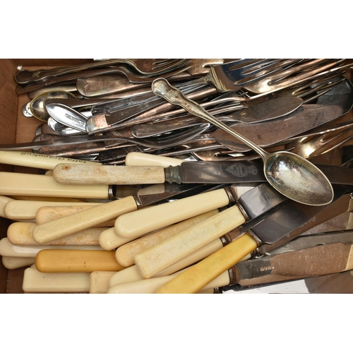 A BOX OF ASSORTED CUTLERY, loose EPNS cutlery most pieces fitted with ...