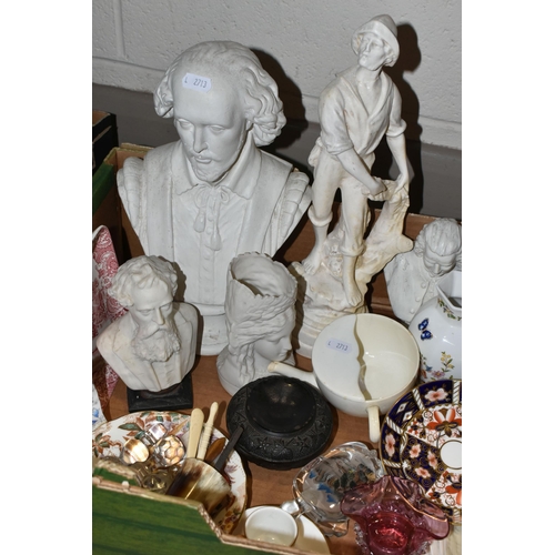 TWO BOXES OF ORNAMENTS AND SUNDRIES, to include a William Shakespeare ...