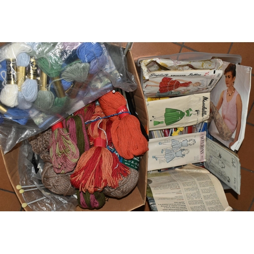 FIVE BOXES OF HABERDASHERY ITEMS, to include a box of wool yarns, a ...